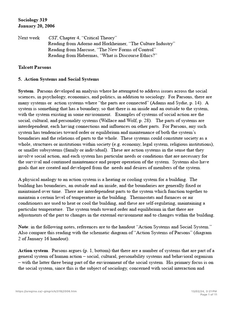 Notes On Structural Functionalism and Parsons | PDF | System | Motivation