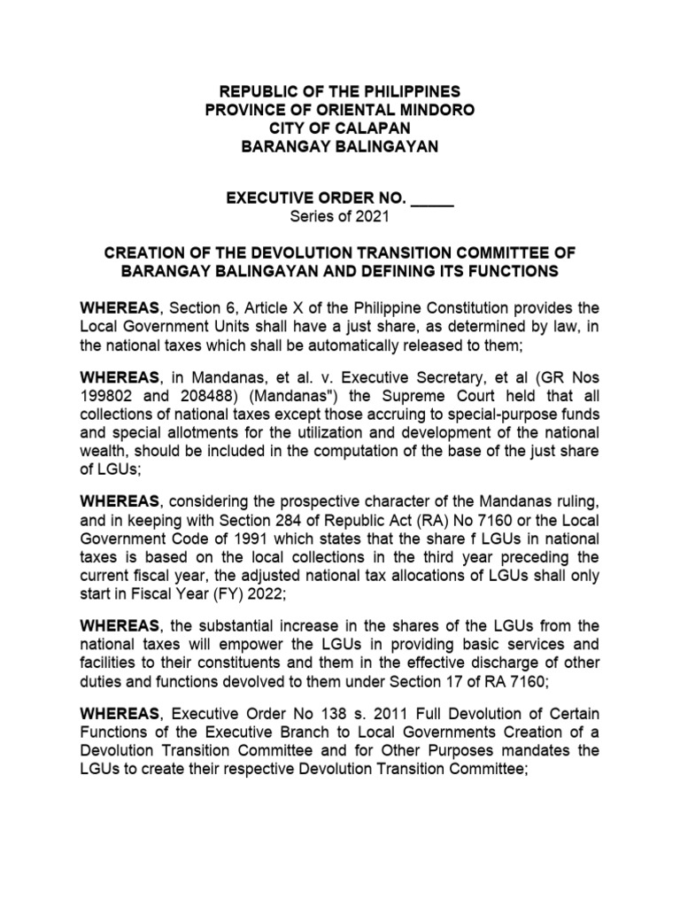 EO DTC Barangay | PDF | Devolution | Federal Government Of The United ...