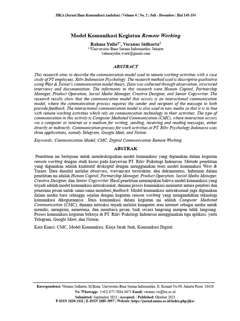 145-154 Model Komunikasi Kegiatan Remote Working - Rahma Yulia | PDF | Communication | Computing