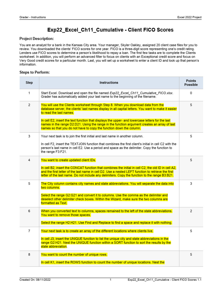 Exp22 - Excel - Ch11 - Cumulative - Client FICO Scores - Instructions | PDF | Computing | Data ...