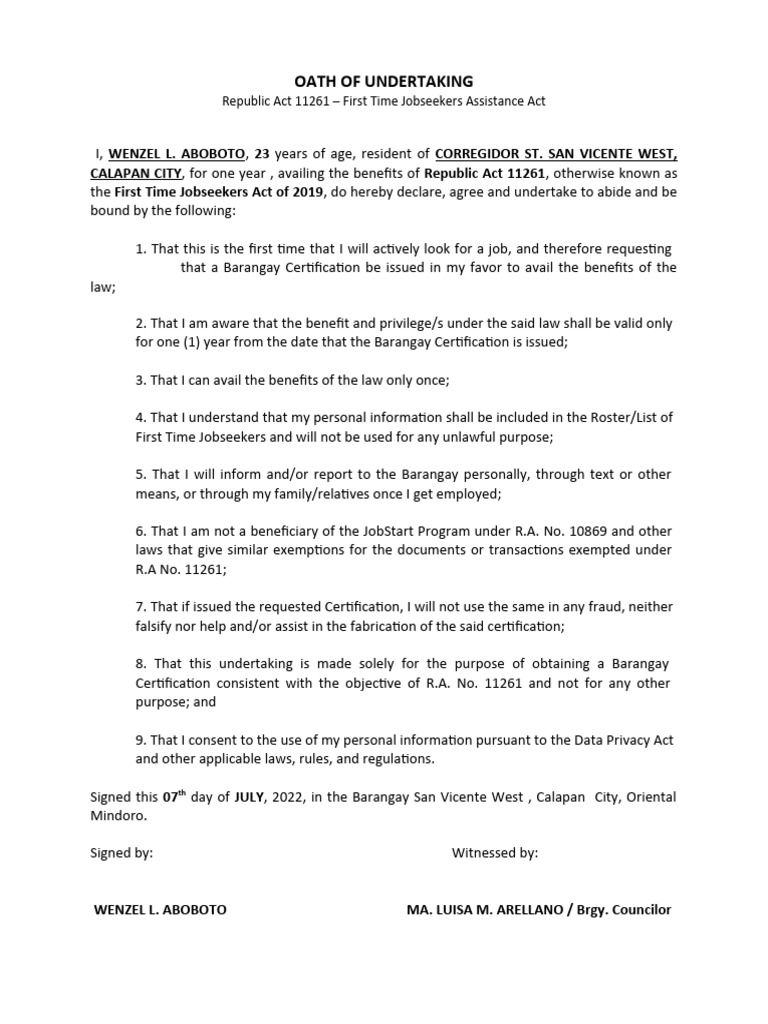 Oath of Undertaking - For First Time Job Seeker | PDF | Law