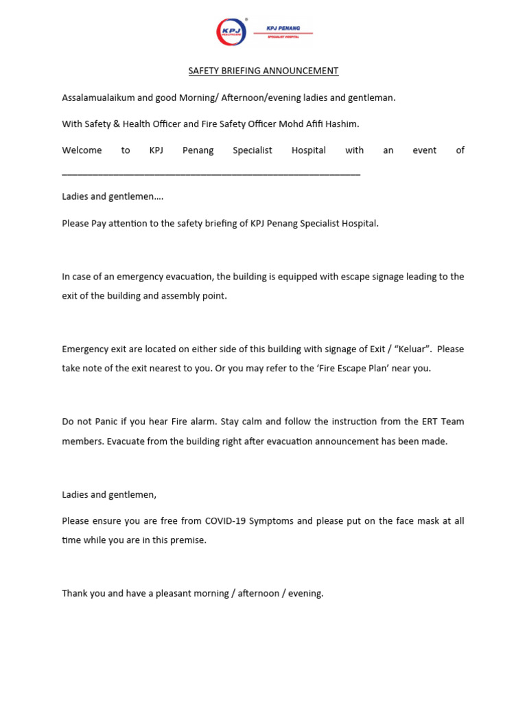Safety Briefing Announcement | PDF
