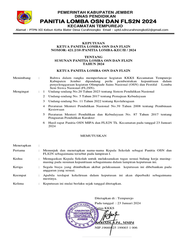 SK Panitia Lomba Akademik 2024 - Kec | PDF