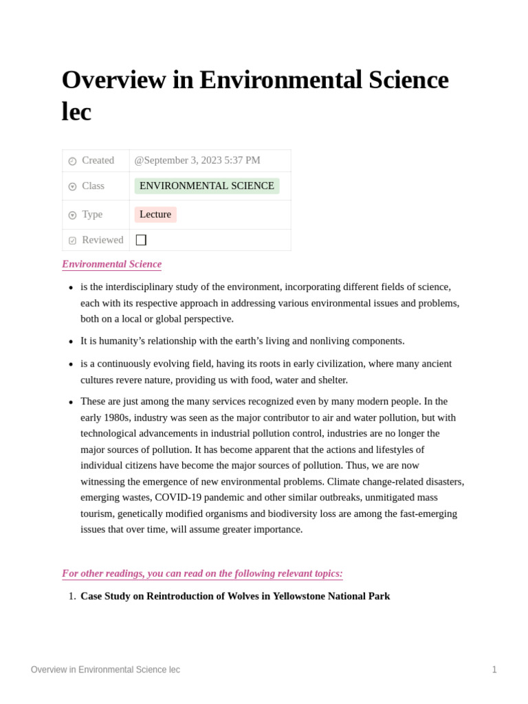 Overview in Environmental Science Lec | PDF | Ecosystem | Sustainability