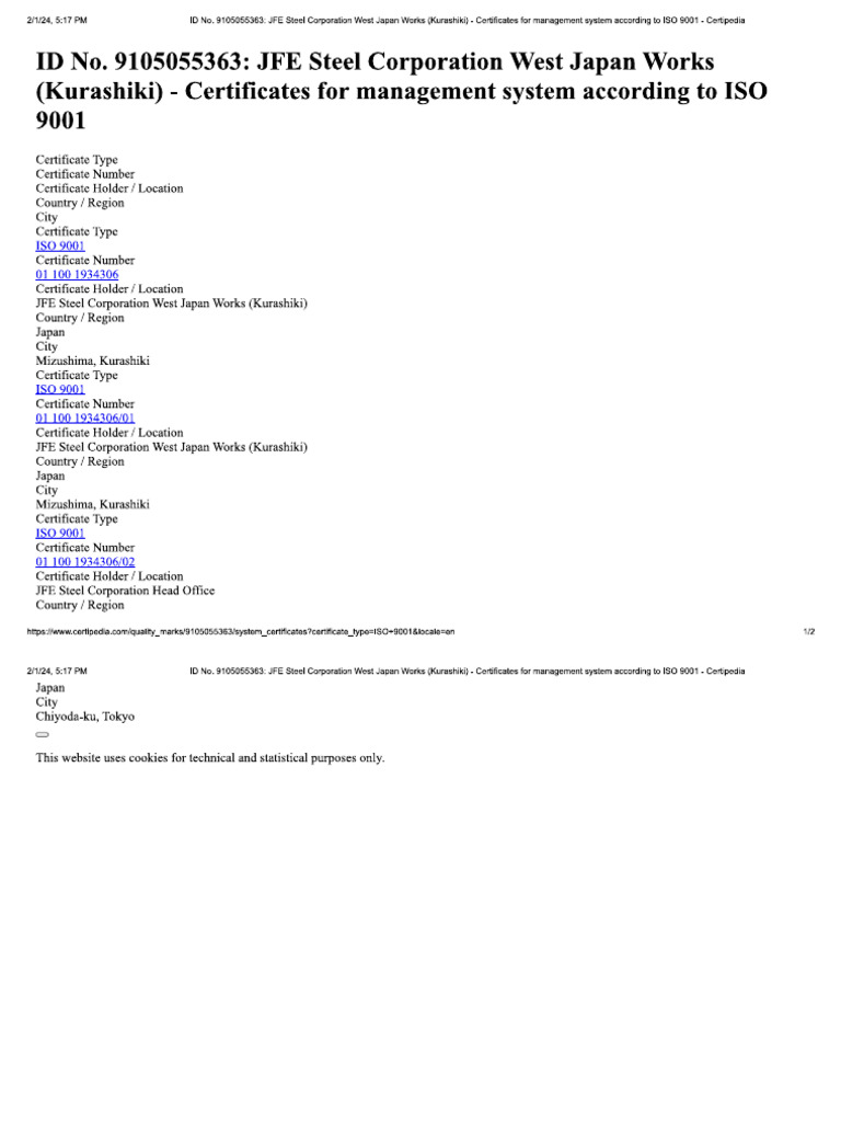 ID No. 9105055363 - JFE Steel Corporatio... Tem According To ISO 9001 - Certipedia (JFE ISO) | PDF