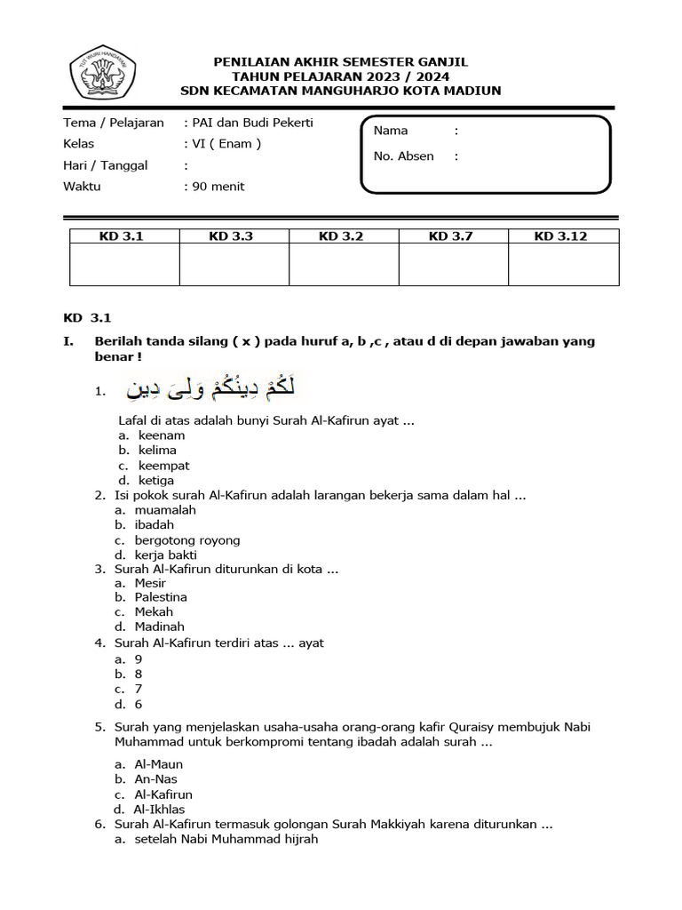 Soal Dan Kunci Jawaban Pas Ganjil Pai & BP KLS 6 Tahun 2023 - 2024 | PDF