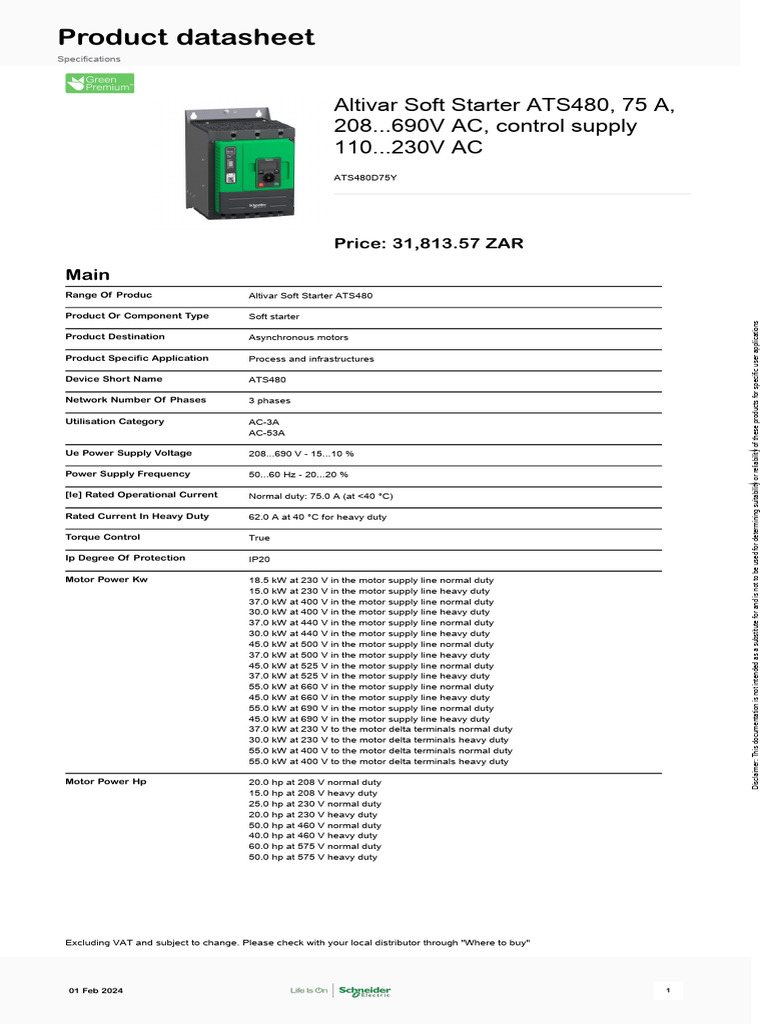 Schneider Electeqrqssfric - Altivar-Soft-Starter-ATS480 - ATS480D75Y ...