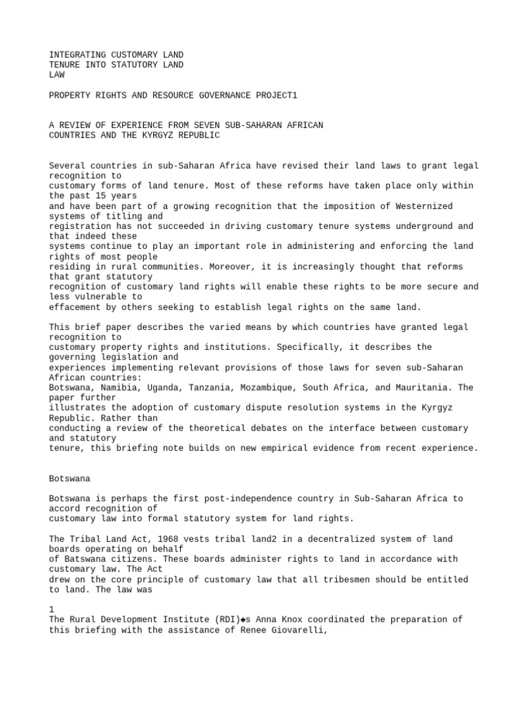 Customary vs Statutory Land Tenure | PDF | Pastoralism | Botswana