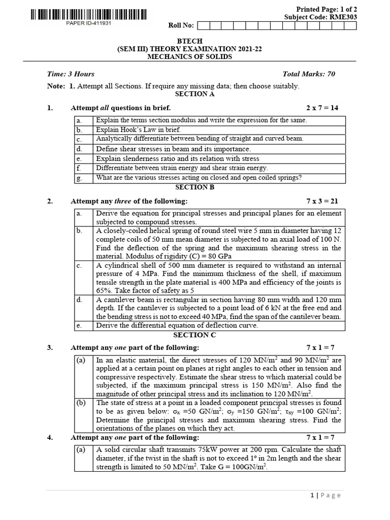 Btech Me 3 Sem Mechanics of Solids Rme303 2022 | PDF | Bending | Stress (Mechanics)