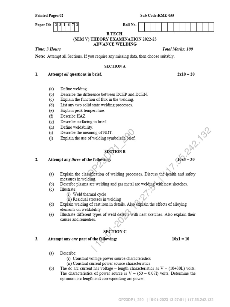 Btech Me 5 Sem Advance Welding Kme055 2023 | PDF | Construction | Welding Btech Me 5 Sem Advance Welding Kme055 2023 | PDF | Construction | Welding