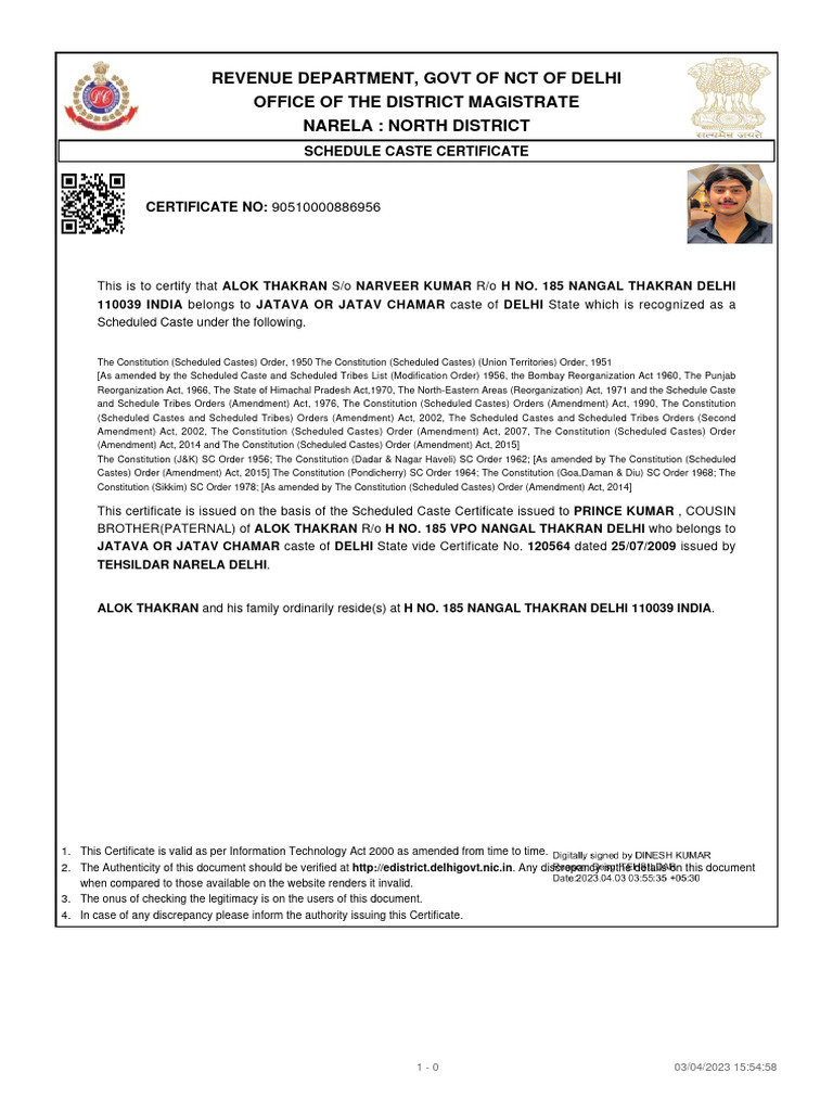 Alok SC Certificate | Download Free PDF | Government Of India | Dalit