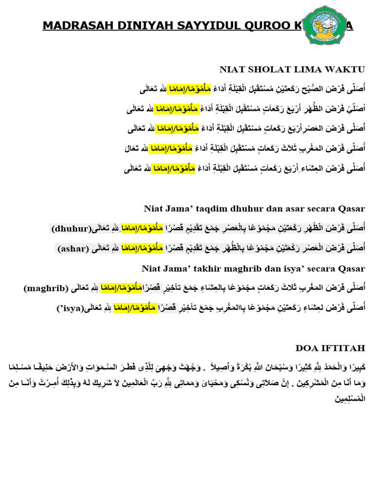 Niat Sholat Lima Waktu | PDF Niat Sholat Lima Waktu | PDF