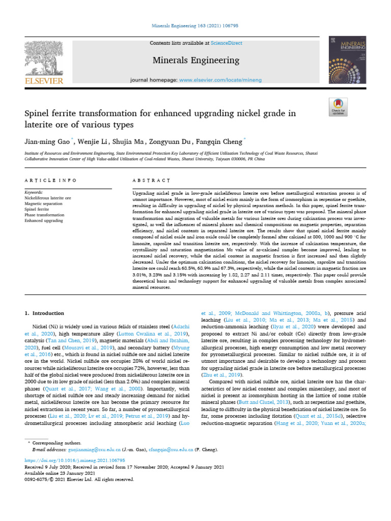 Spinel Ferrite Transformation For Enhanced Upgrading Nickel Grade | PDF ...