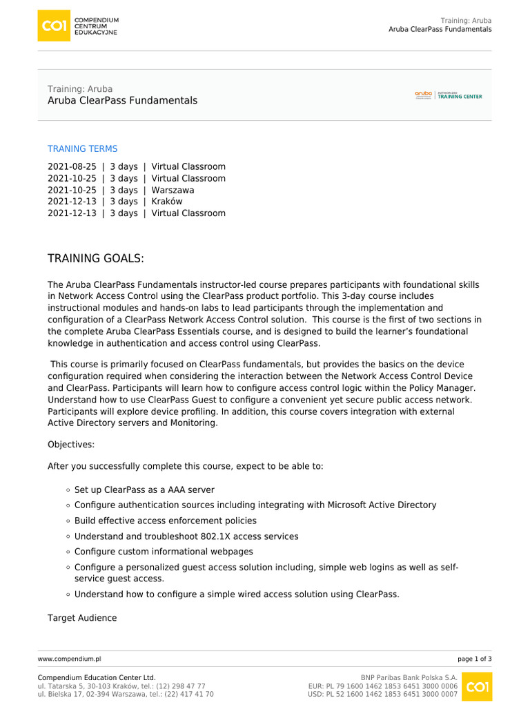 Compendium Training 243 Aruba Clearpass Fundamentals | PDF | Computer Network | Active Directory