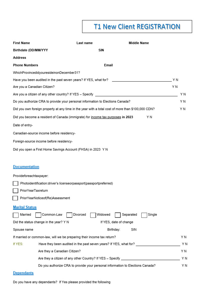 T1 New Client Registration Form | PDF | Taxation | Payments