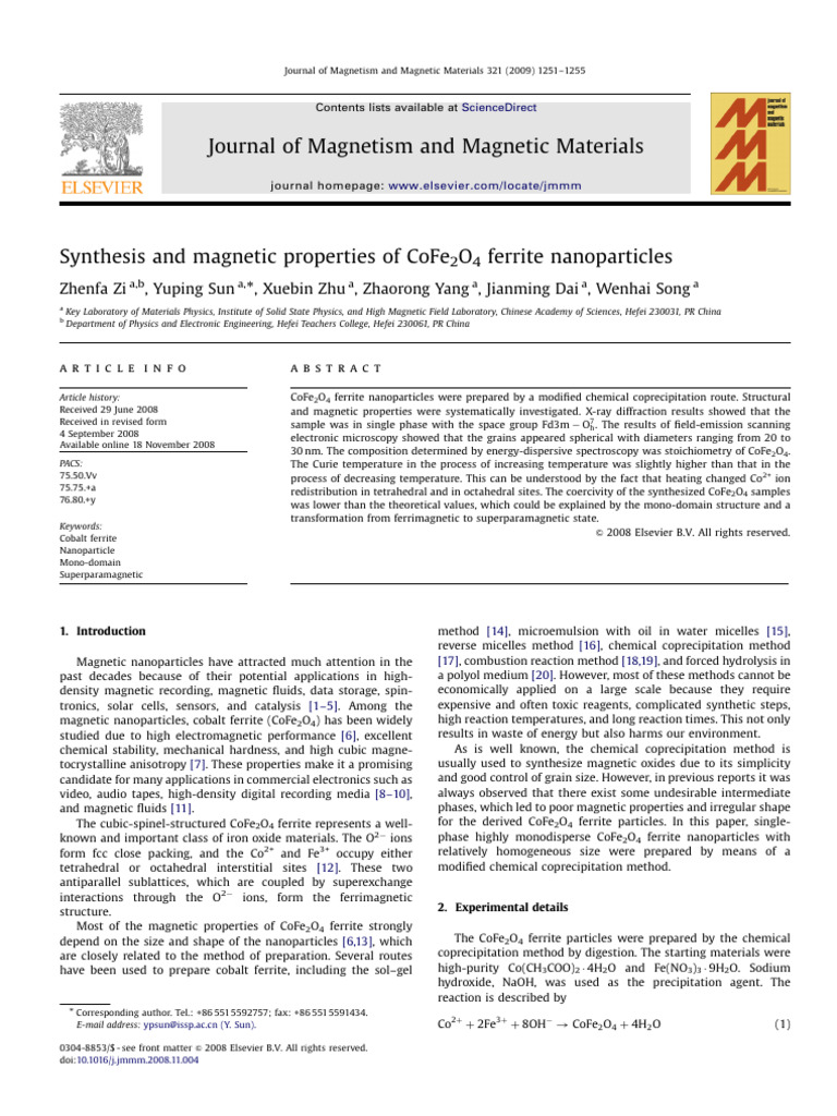 Synthesis and Magnetic Properties of CoFe2O4 Ferrite Nanoparticles | PDF | Nanoparticle | X Ray ...