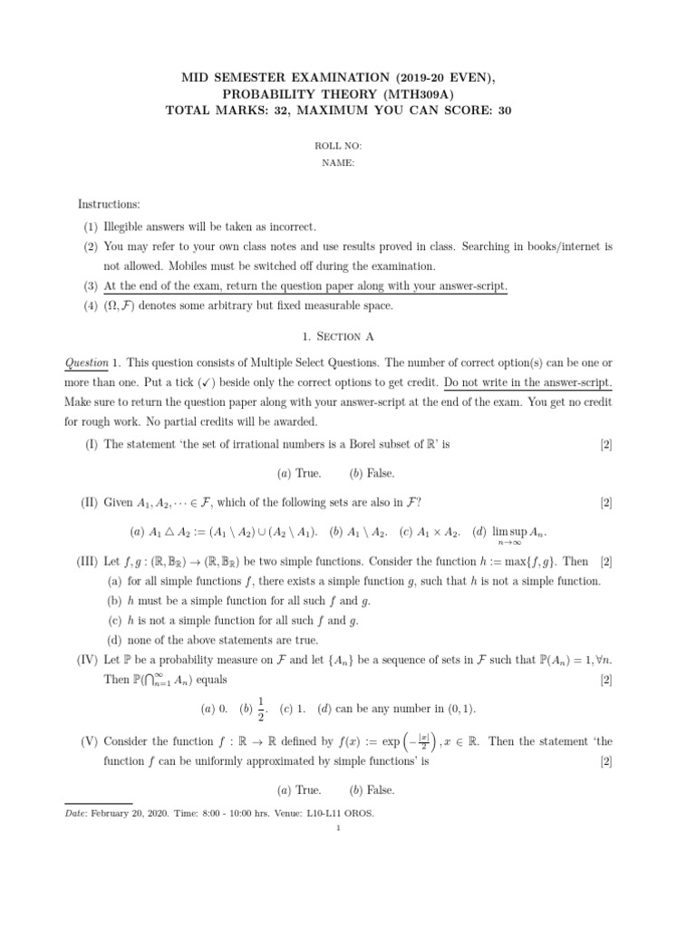 Mid Sem 2020 | PDF | Measure (Mathematics) | Random Variable