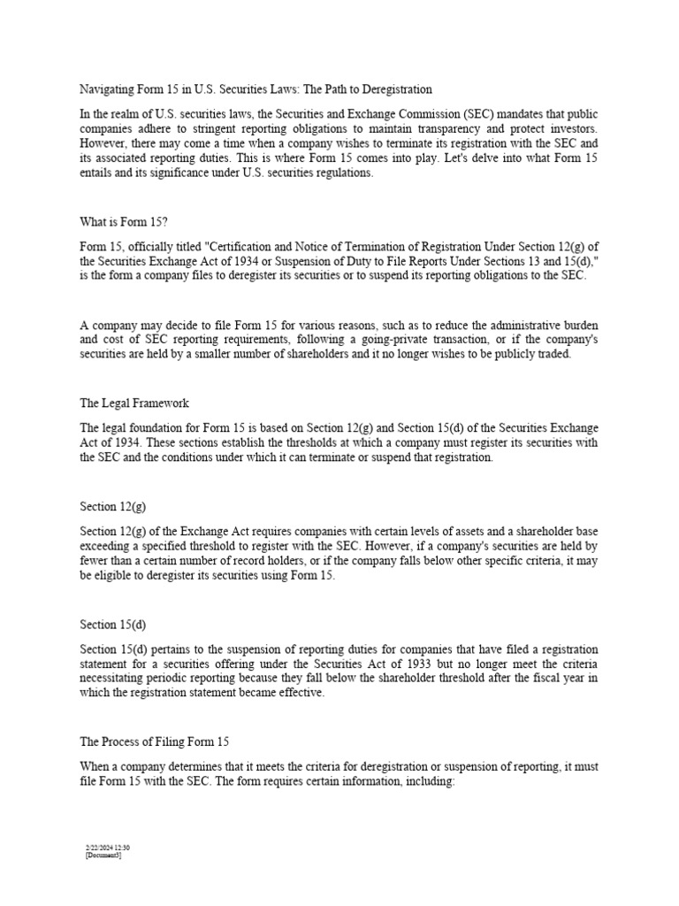 Form 15: SEC Deregistration Guide | PDF | Securities (Finance) | U.S. Securities And Exchange ...