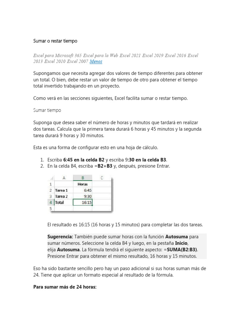 Como Sumar y Restar Horas y Minutos | PDF | Microsoft Excel | Software Como Sumar y Restar Horas y Minutos | PDF | Microsoft Excel | Software