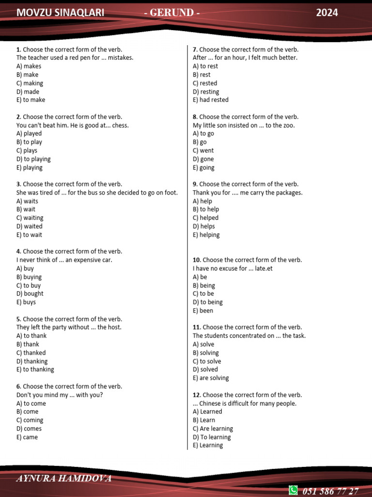 Movzu Sinaqlari 2024 - Gerund | PDF