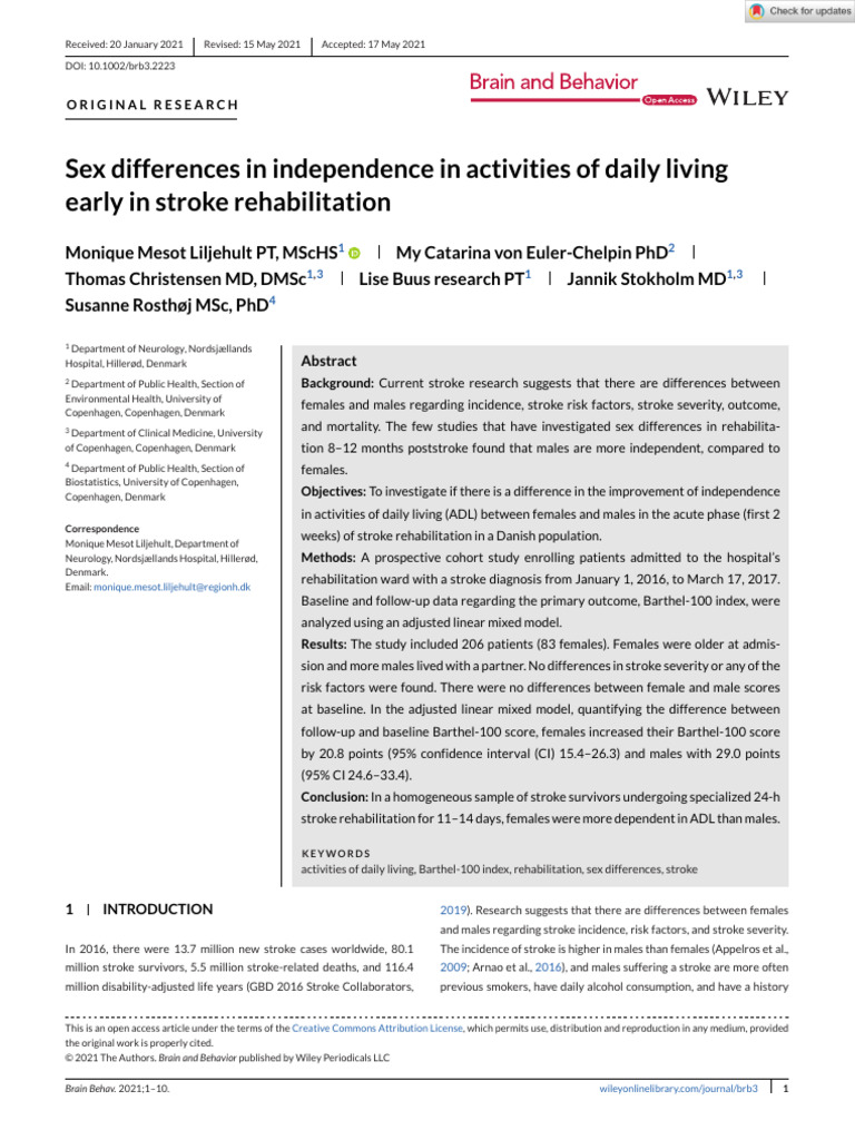 Liljehult2021 1 ADL | PDF | Stroke | Physical Therapy