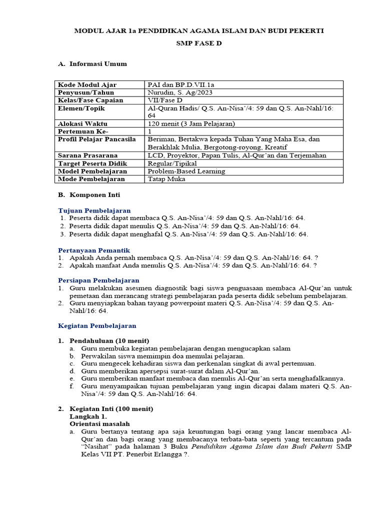 Modul Ajar Pai Dan BP SMP Kelas Vii Bab 1 | PDF | Karier & Perkembangan