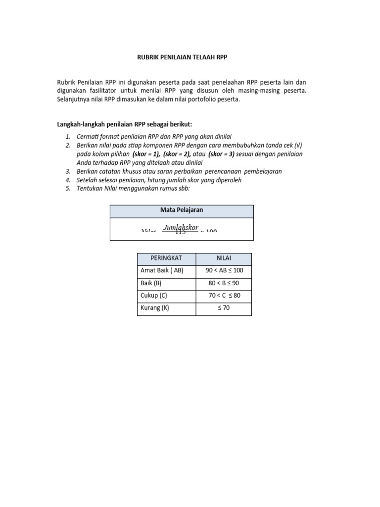 Rubrik Penilaian Telaah RPP | PDF