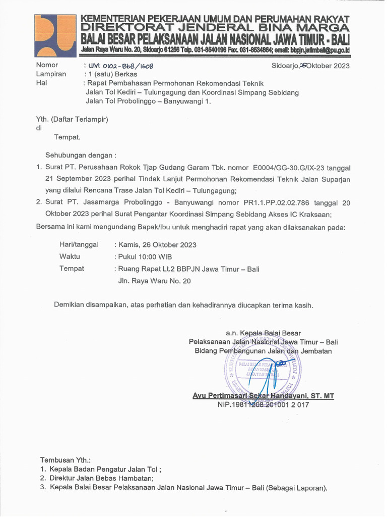 Undangan Rapat Pembahasan Permohonan Rekomendasi Teknik Jalan Tol ...