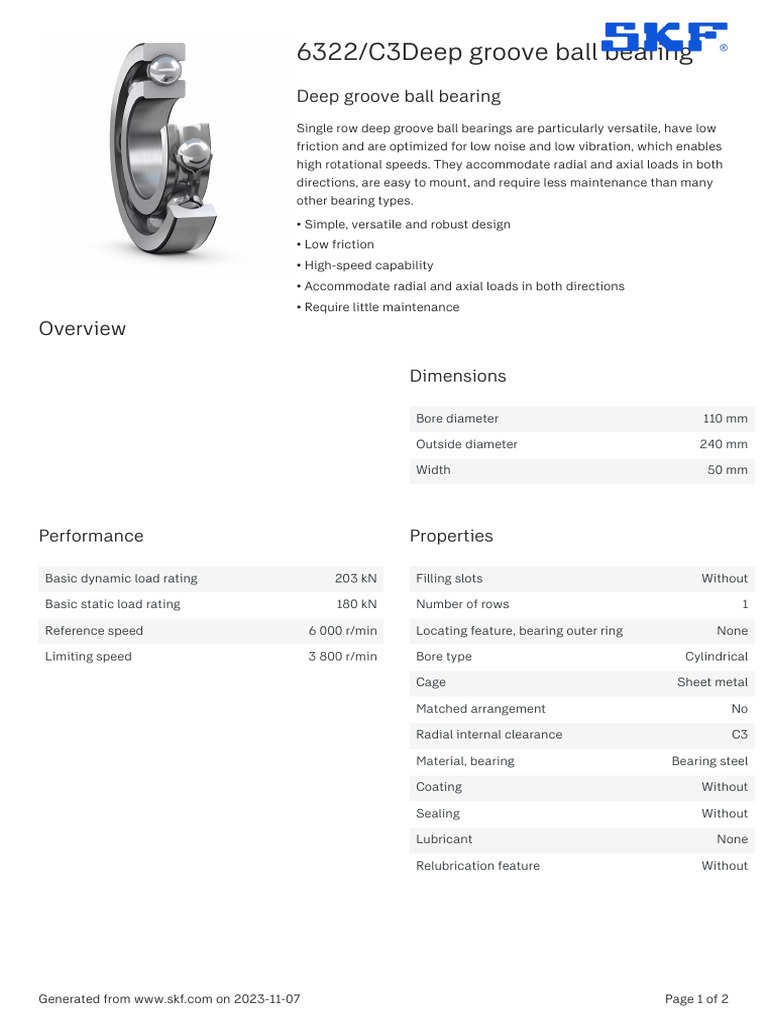 SKF 6322 - C3Deep Groove Ball Bearing Specification | PDF | License ...