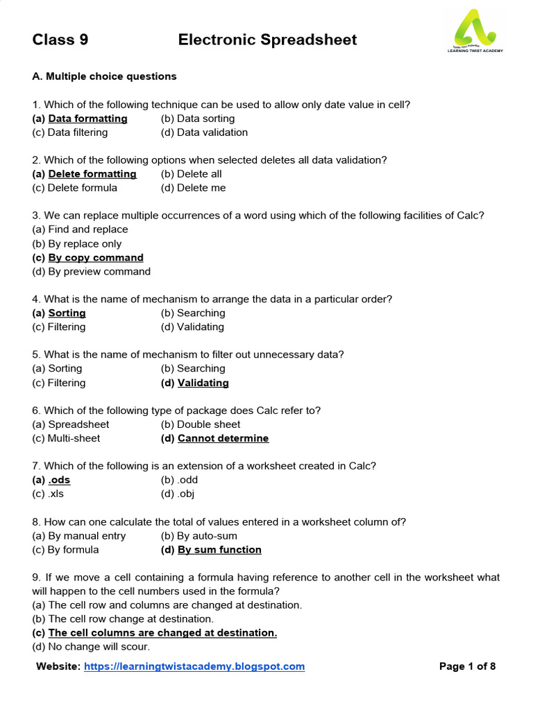 Unit 4 class 9- Electronic Spreadsheet Class 9 | PDF | Spreadsheet | Worksheet
