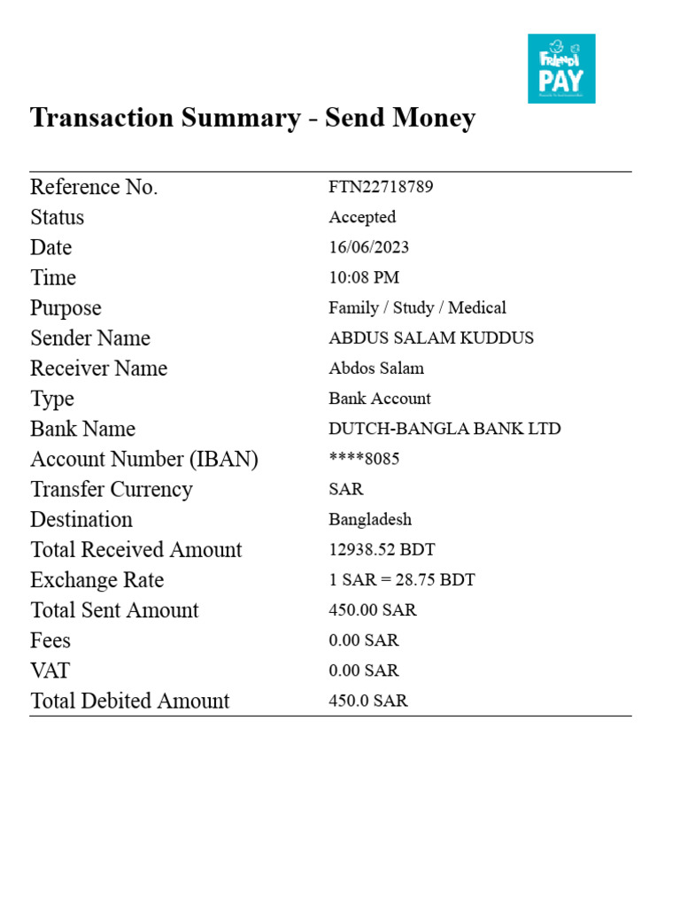 Transaction Summary - Send Money | PDF
