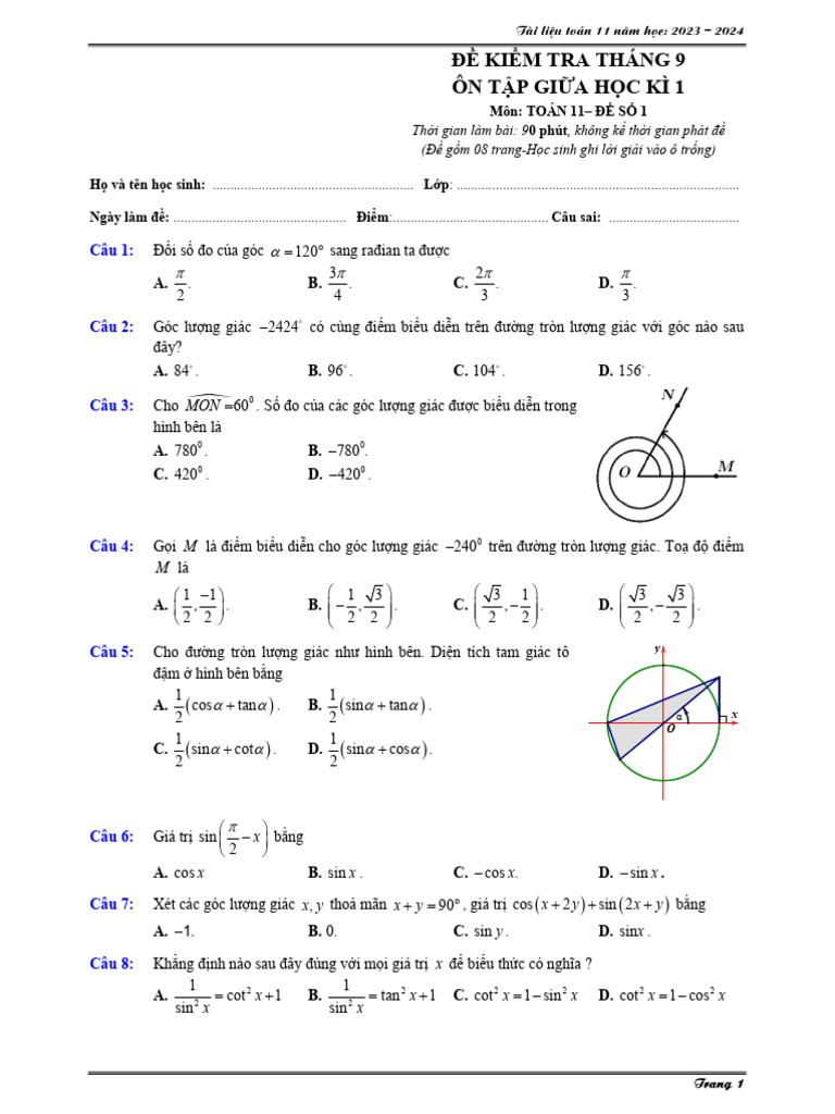 03 de on Tap Kiem Tra Giua Hoc Ki 1 Mon Toan 11 Nam Hoc 2023 2024 1 | PDF