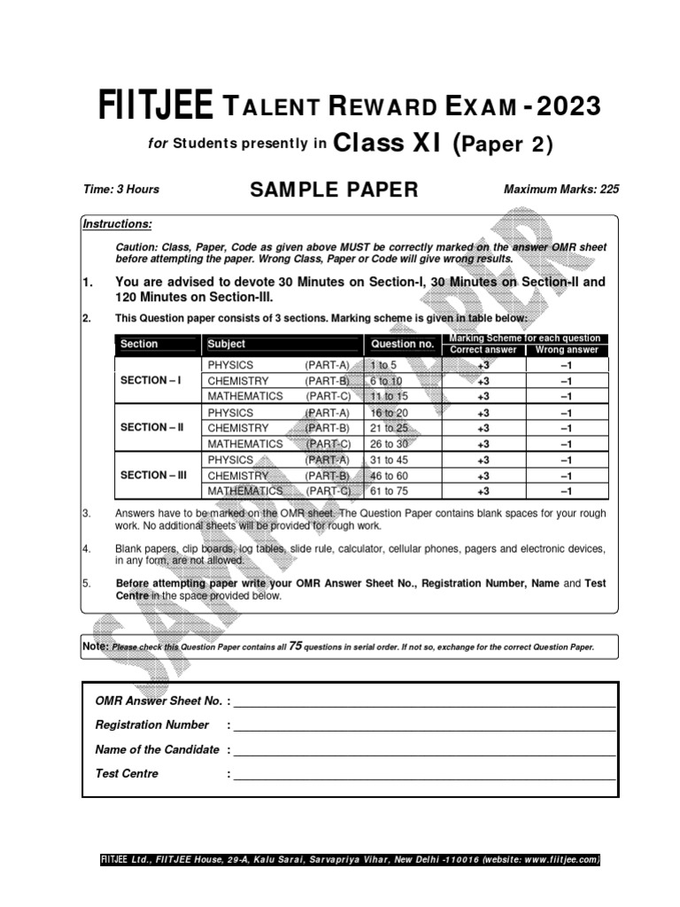 Ftre 2023 Sample Paper Class Xi p2 PCM | PDF | Collision | Classical ...