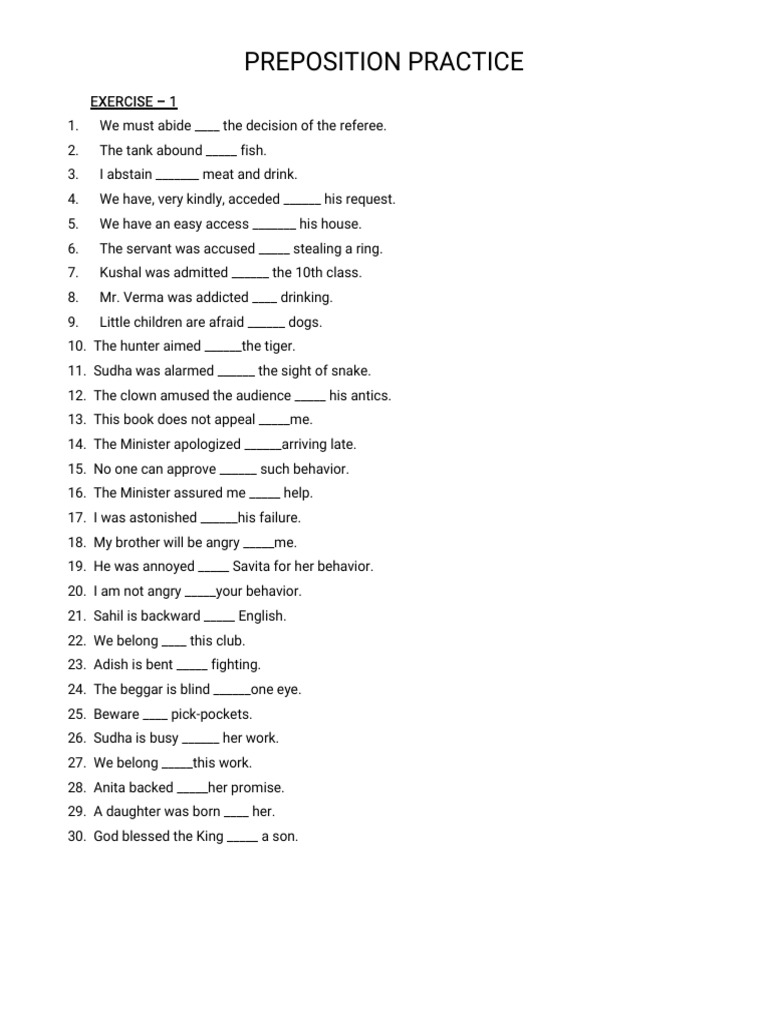 Preposition Practice Exercises | PDF