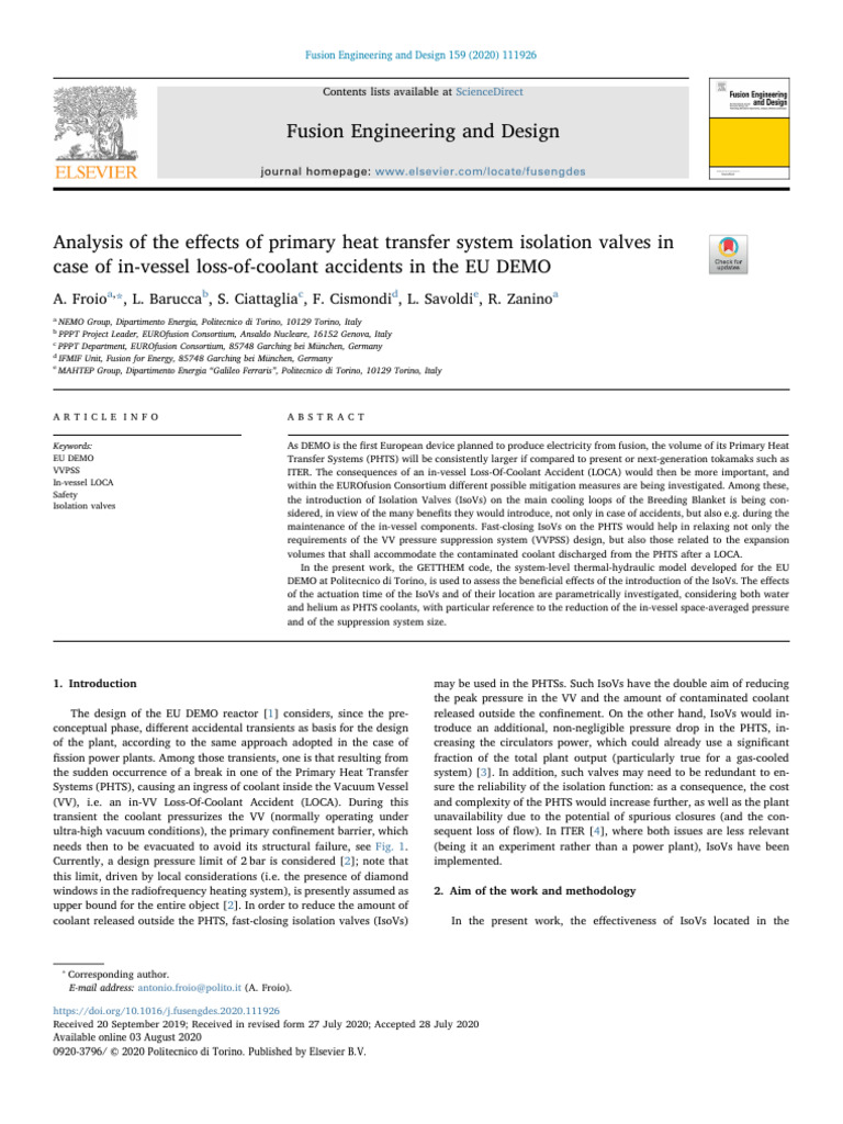 Analysis of The Effects of Primary Heat Transfer System Is 2020 Fusion Engin | PDF | Fusion ...