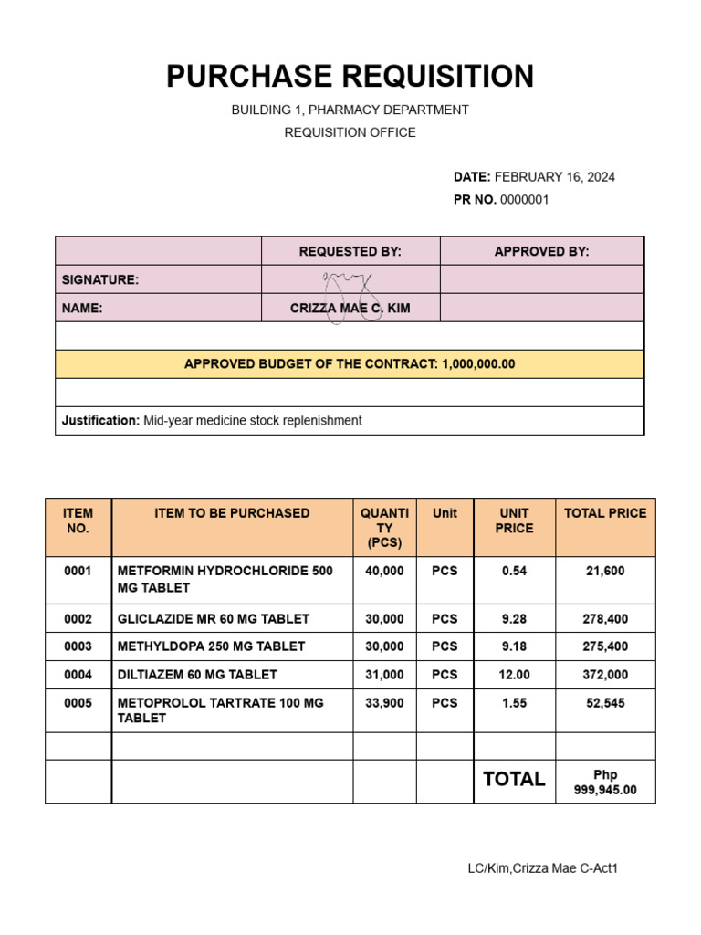 Pharmacy Purchase Requisition | PDF
