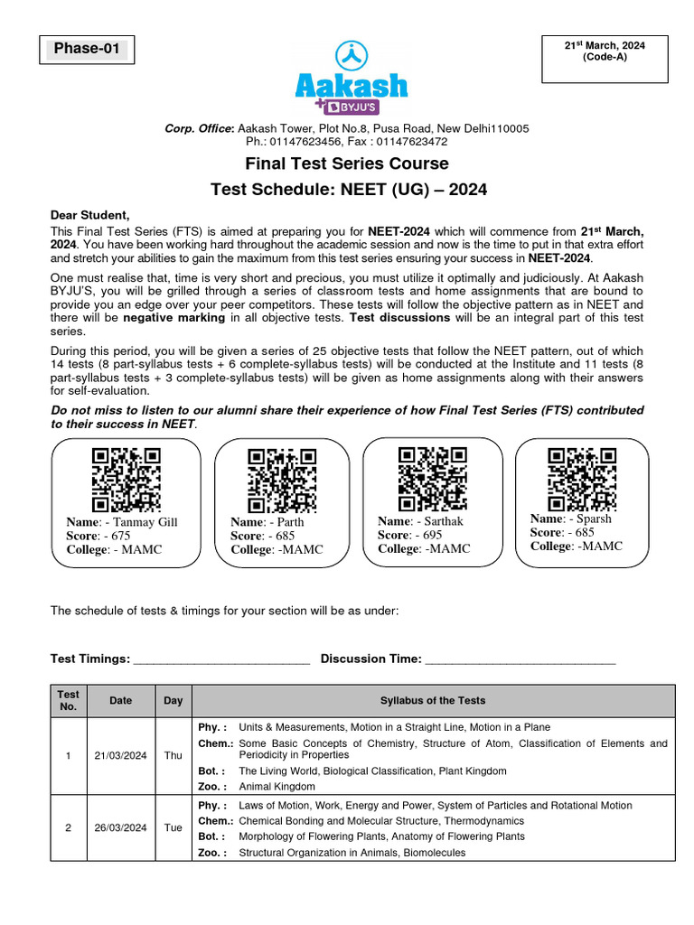 Final Test Series For NEET-2024 (XII & RM) Code-A - Phase-01 | PDF ...