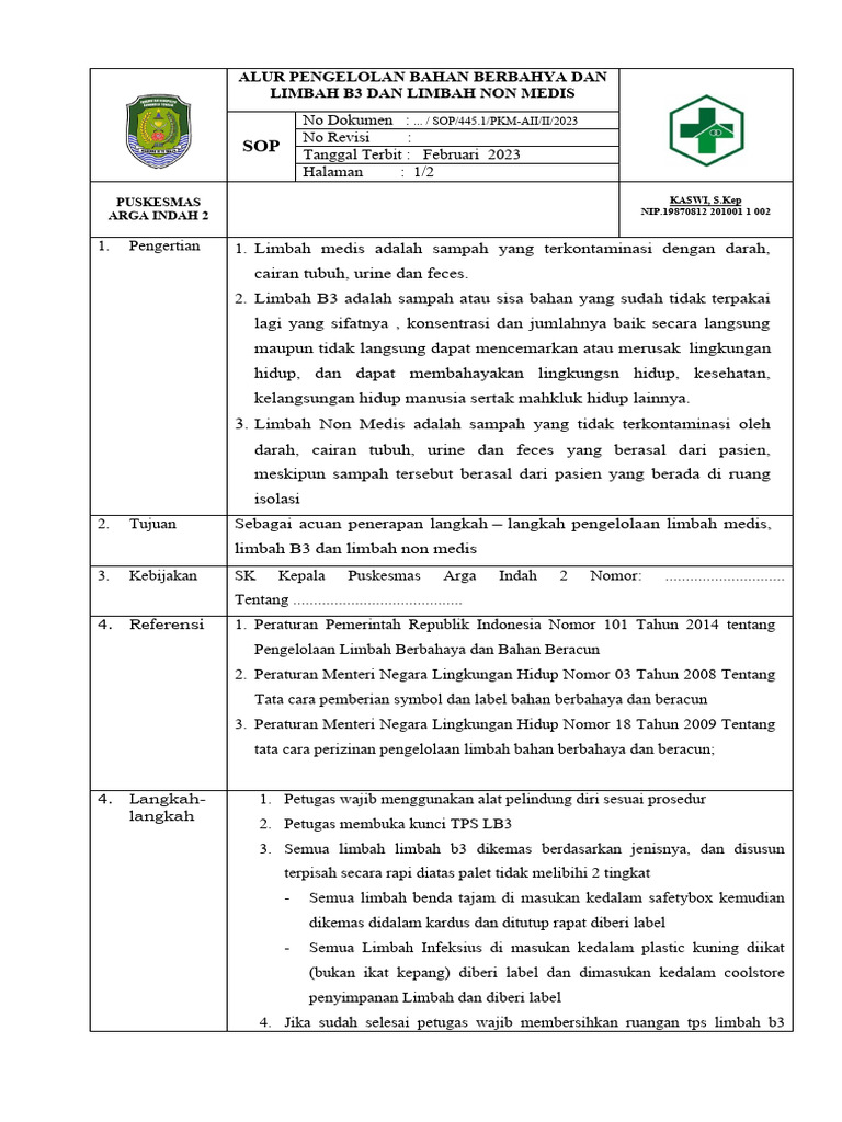 Sop Alur Pengelolaan B3, LB3 Dan Non Medis | PDF