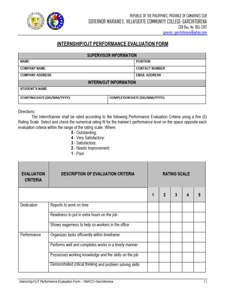 Internship Performance Evaluation Form | Download Free PDF | Performance Appraisal | Business