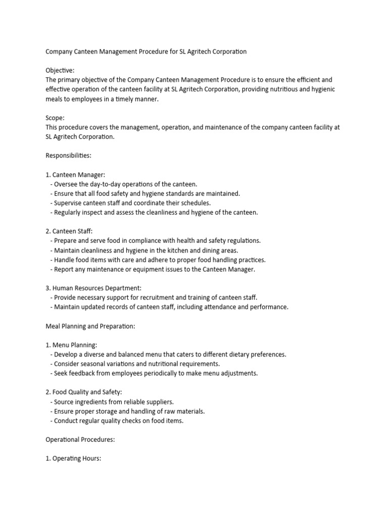 Company Canteen Management Procedure For SL Agritech Corporation | PDF ...