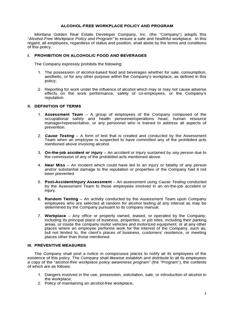 Alcohol-Free Workplace Policy Overview | PDF | Employment | Safety