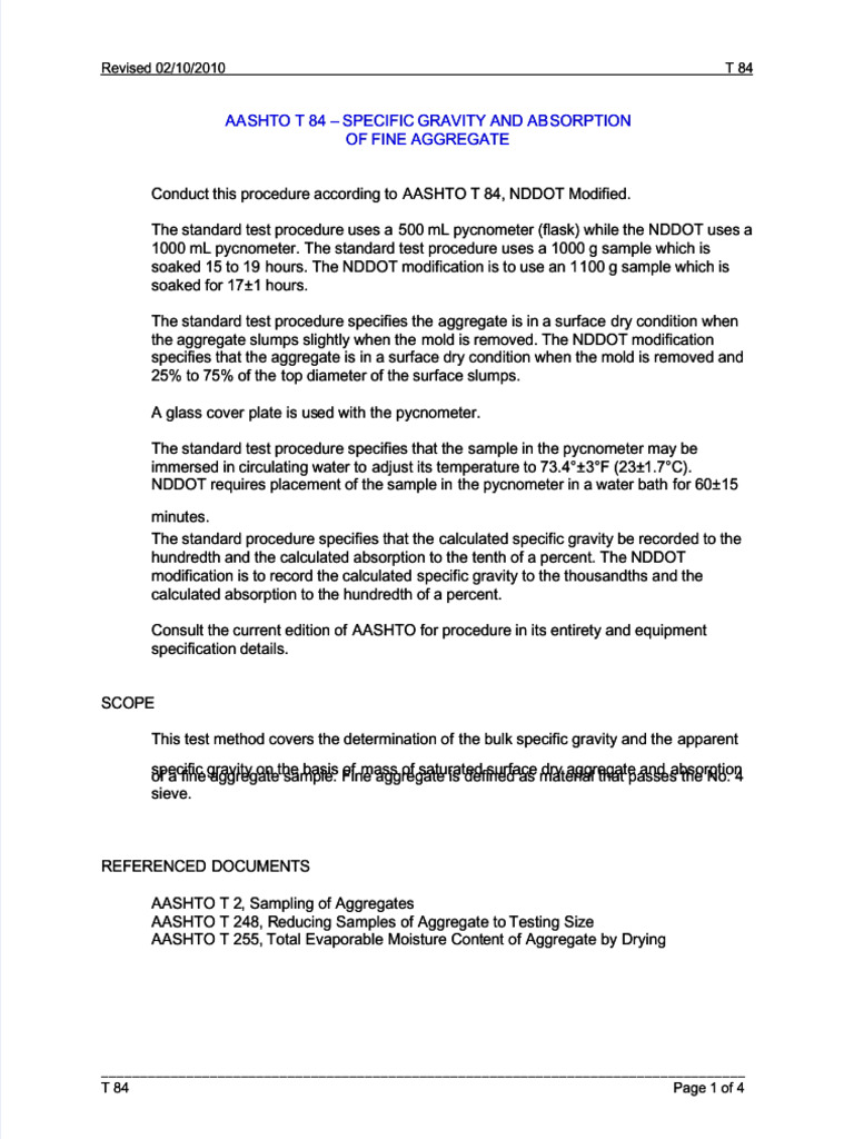 AASHTO T 84 - Specific Gravity and Absorption of Fine Aggregate | PDF ...