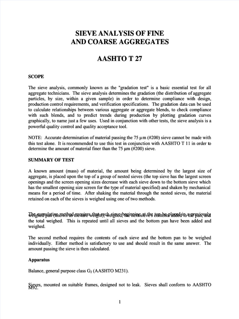 AASHTO T 27 - Sieve Analysis of Fine and Coarse Aggregates | PDF ...