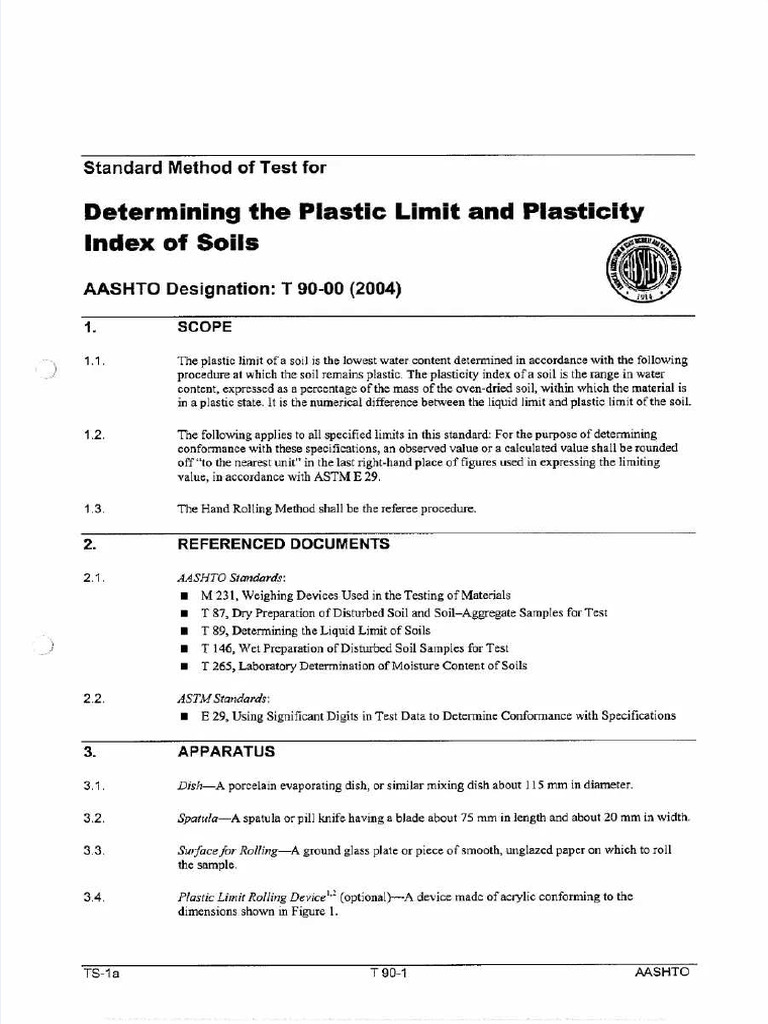 AASHTO T 90-00 - 2004 - Determining The Plastic Limit and Plasticity ...