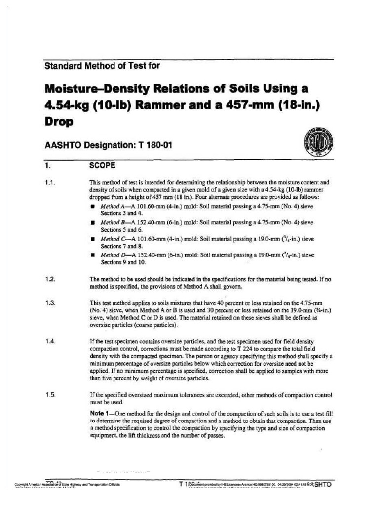AASHTO T 191-02 - Density of Soil in Place by The Sand Cone Method ...