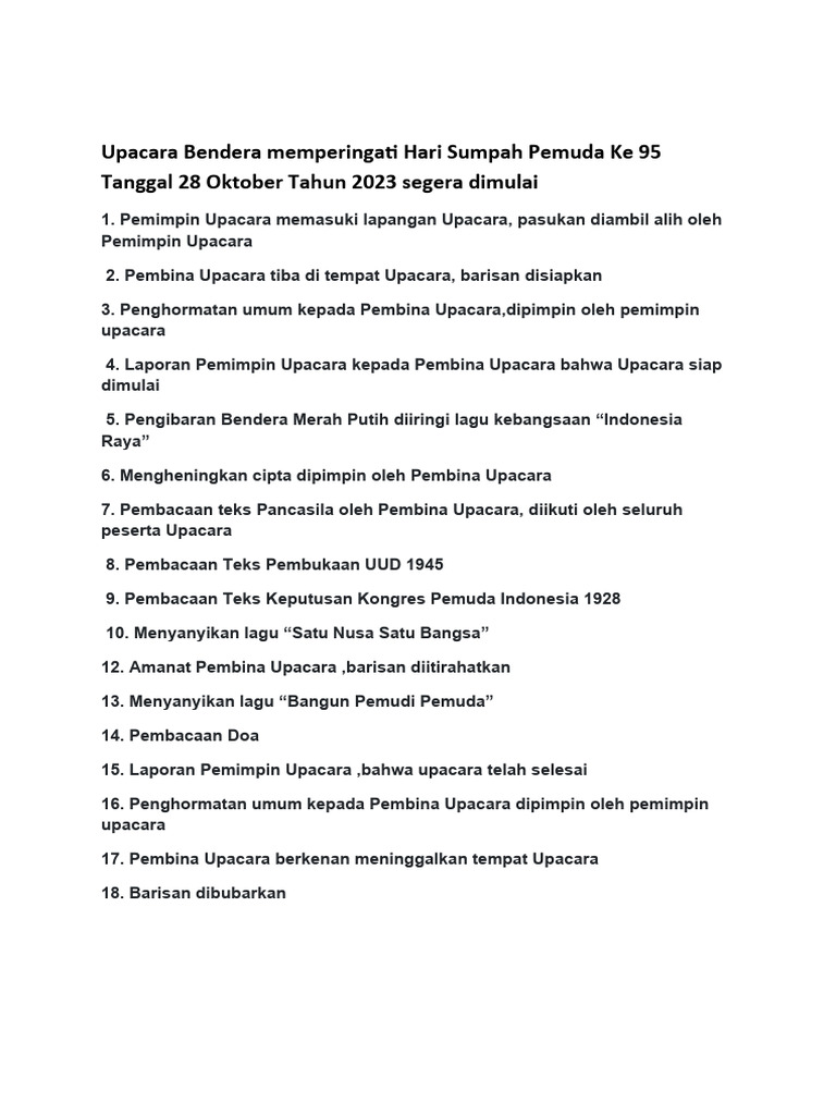 Susunan Upacara Hari Sumpah Pemuda 2023 | PDF