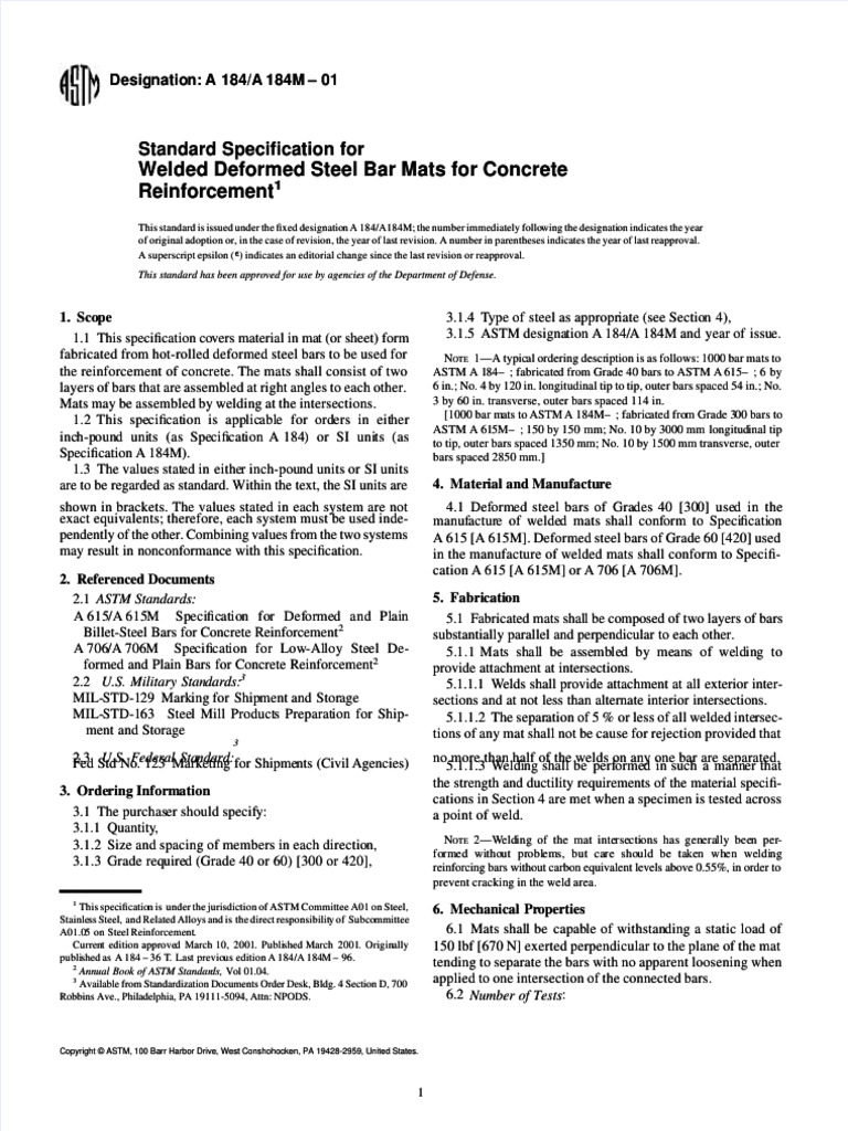 ASTM A 184 - A 184M-01 - Standard Specificatiom For Welded Deform Steel Bar Mats For Concrete ...