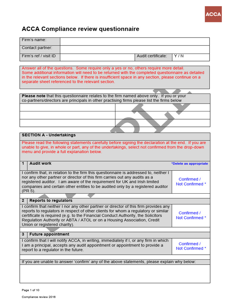 Sample Acca Compliance Questionnaire | Download Free PDF | Audit ...