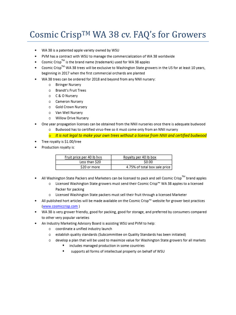 Cosmic Crisp Grower FAQs 2016 | PDF | Apple | Royalty Payment