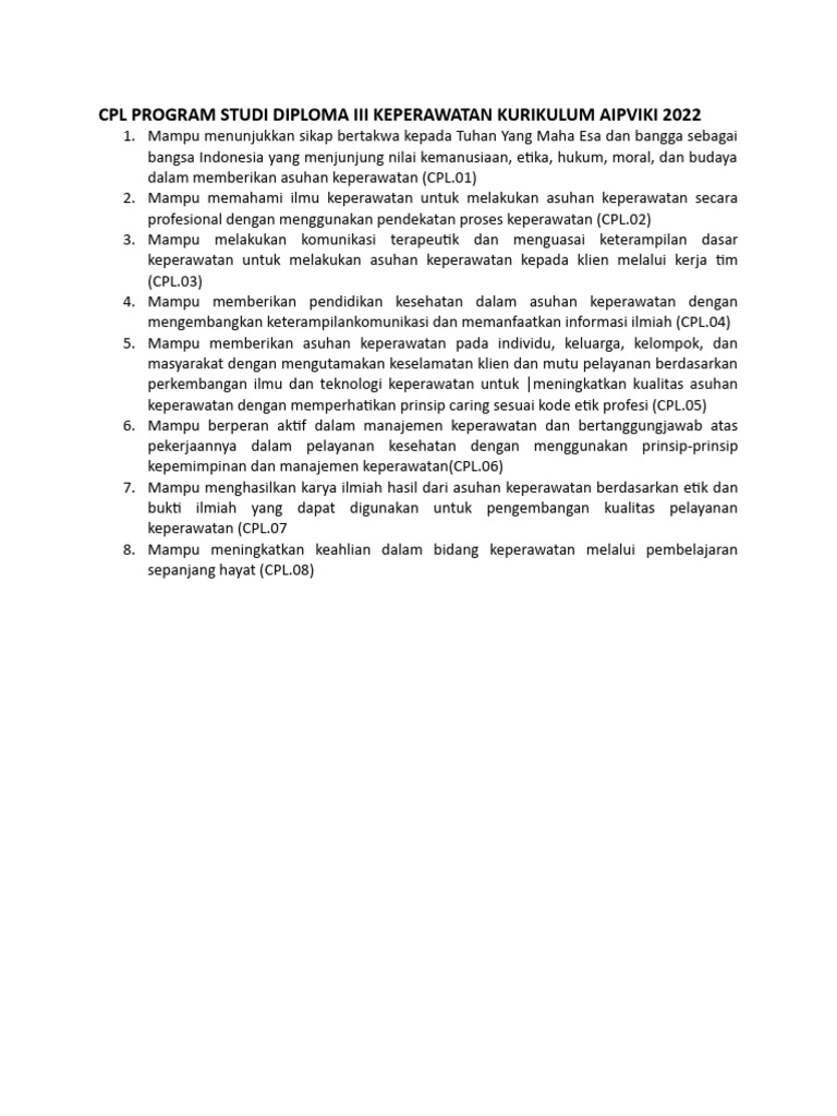 CPL Program Studi Diploma Iii Keperawatan Kurikulum Aipviki 2022 | PDF